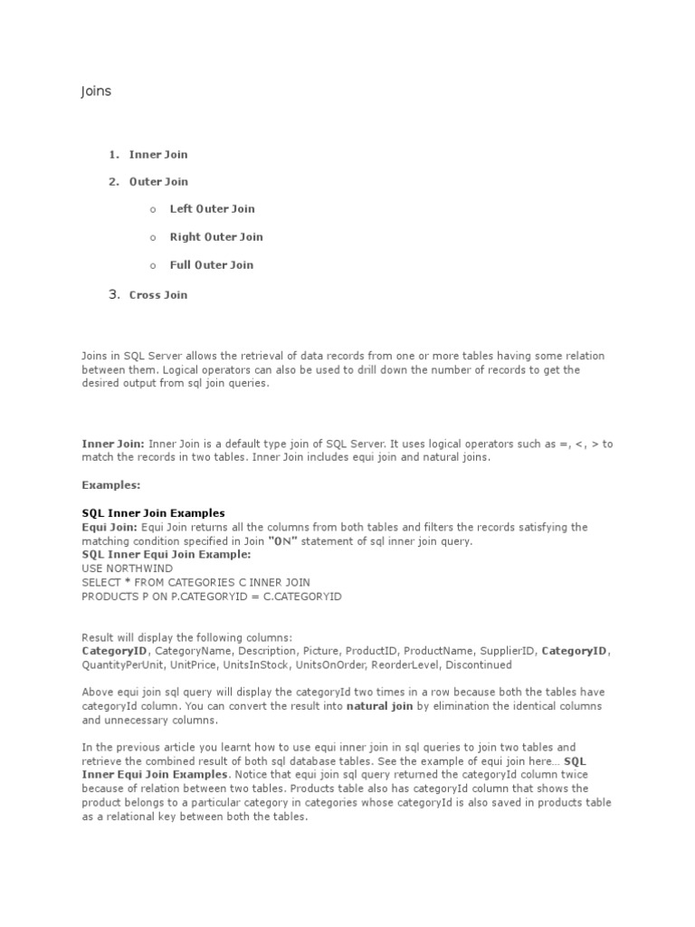 SQL Joins Query PDF | PDF | Databases | Computer Programming SQL Joins Query PDF | PDF | Databases | Computer Programming