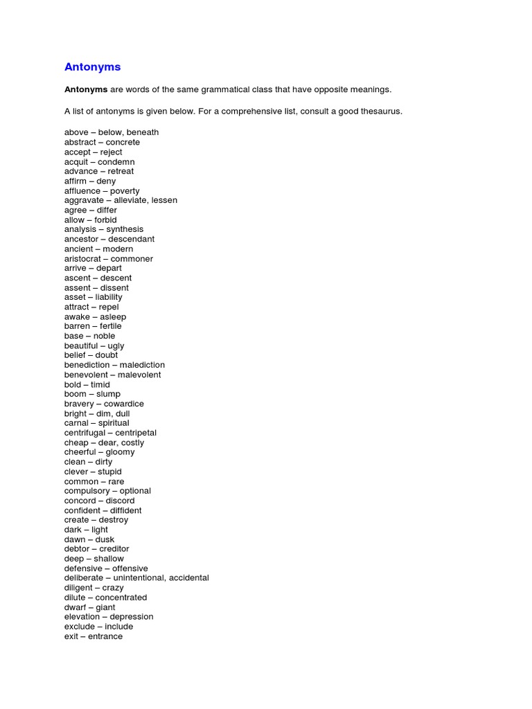 A Comprehensive List of Antonyms: Words with Opposite Meanings | PDF