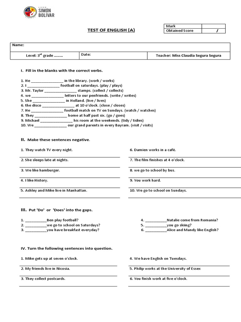 Test of English (A) : I. Fill in The Blanks With The Correct Verbs | PDF