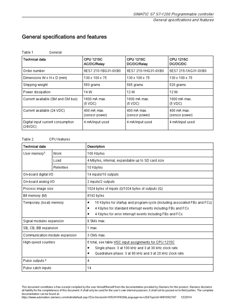 SIMATIC S7 S7-1200 Programmable Controller - General Specifications and ...