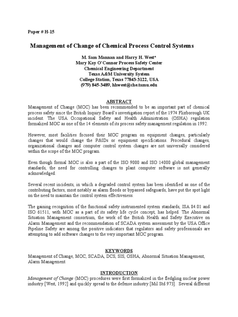 Management of Change of Chemical Process Control Systems | PDF | Safety ...