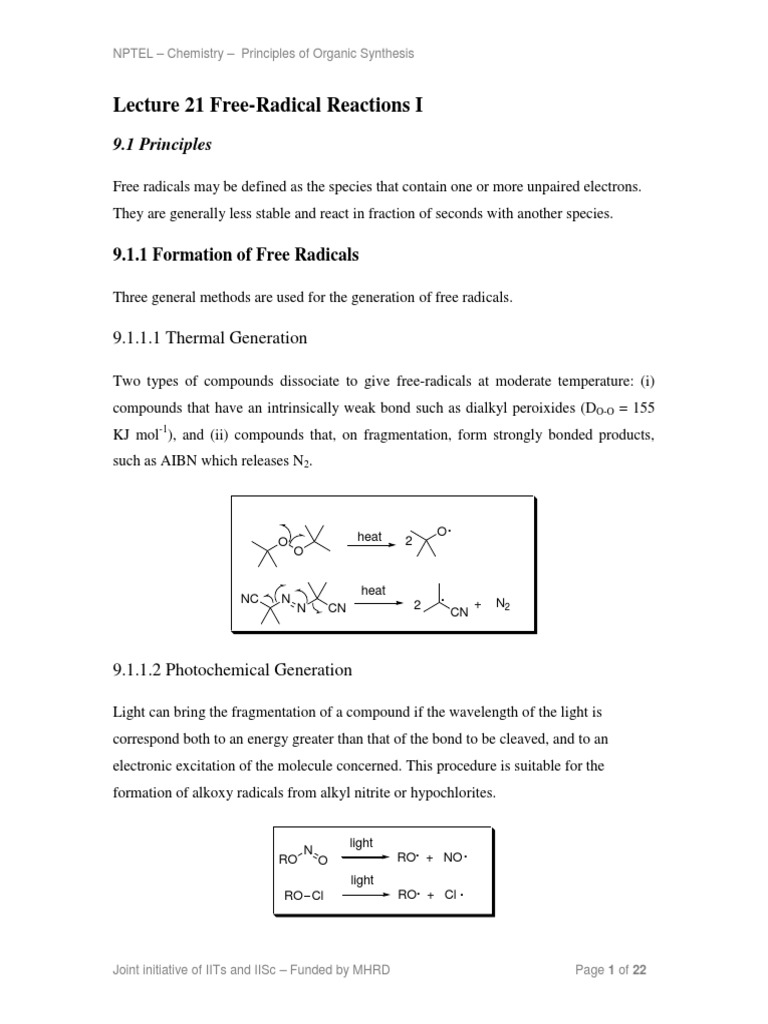Free Radical Reactions I: Principles of Formation, Reactions, and ...