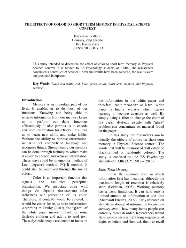 The Effects of Color To Short Term Memory in Physical Science Context ...