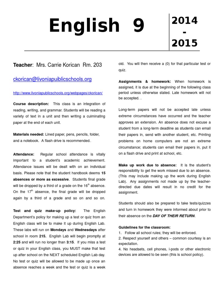 English 9 Course Overview and Policies | PDF | Homework | Test (Assessment)