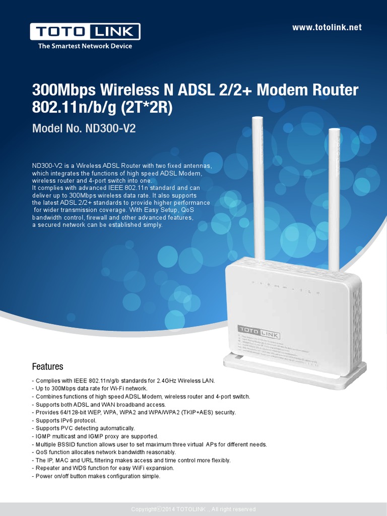 300Mbps Wireless N ADSL 2/2+ Modem Router 802.11n/b/g (2T 2R) | PDF ...
