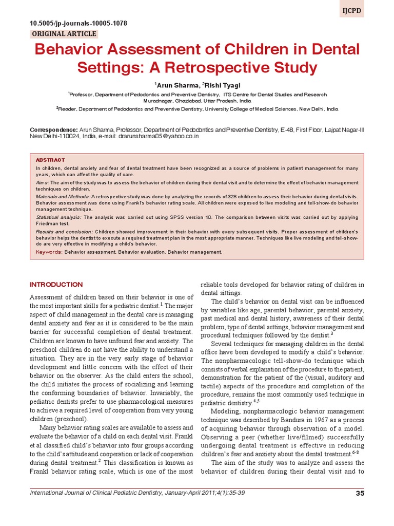 Behavior Assessment of Children in Dental Settings: A Retrospective ...