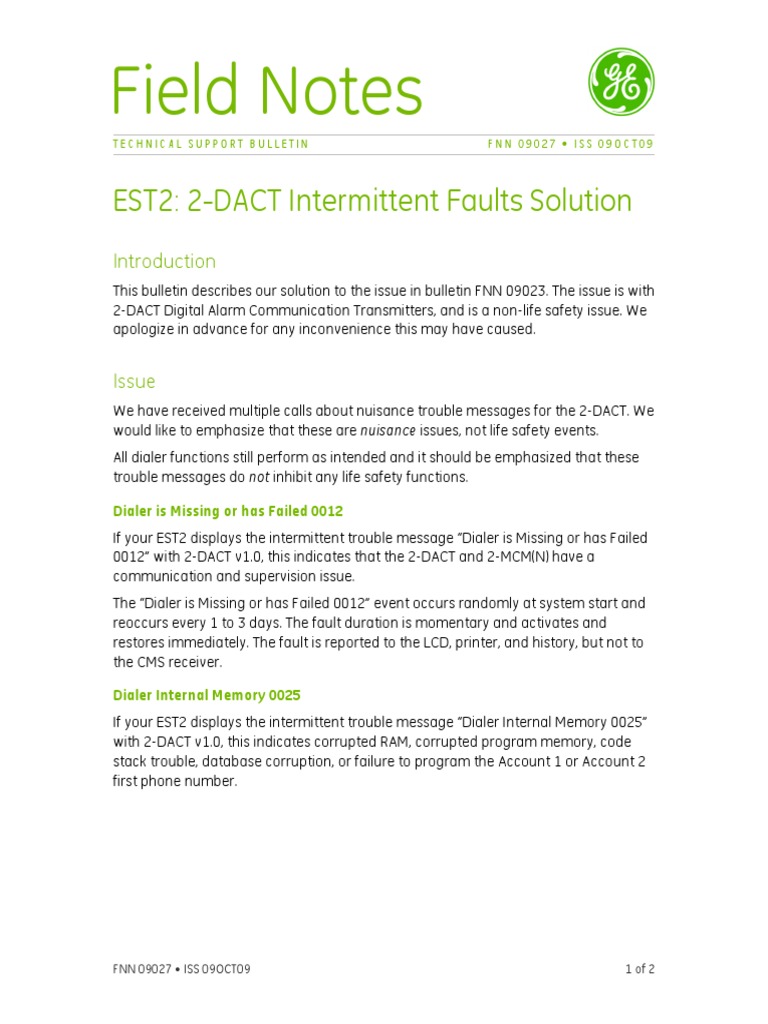 Field Notes: EST2: 2-DACT Intermittent Faults Solution | PDF | Computer ...