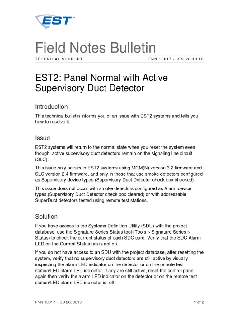 EST2 - Panel Normal With Active Supervisory Duct Detector Field Notes ...