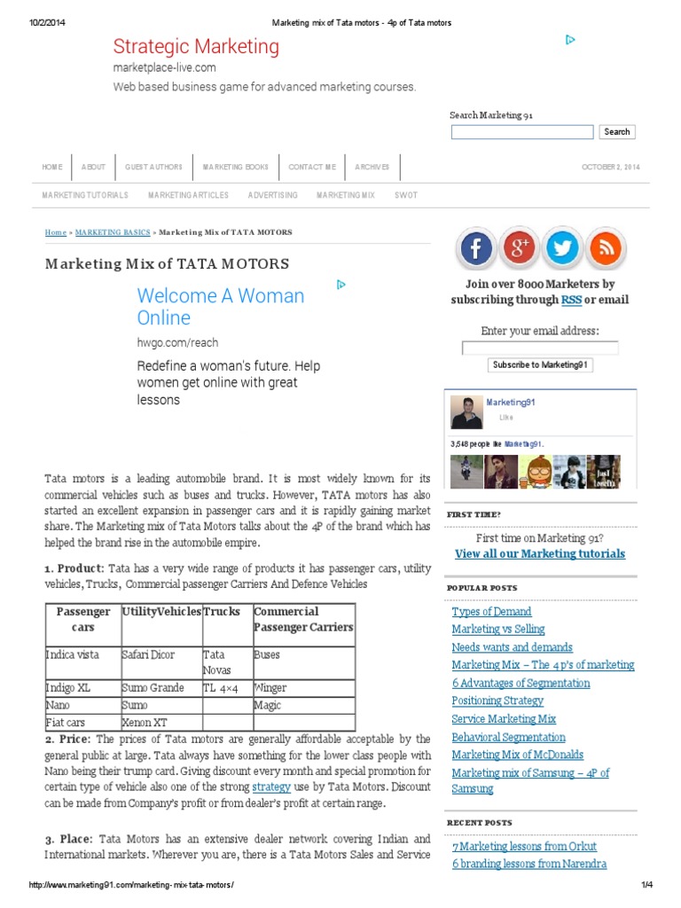 Marketing Mix of Tata Motors - 4p of Tata Motors | PDF | Marketing ...