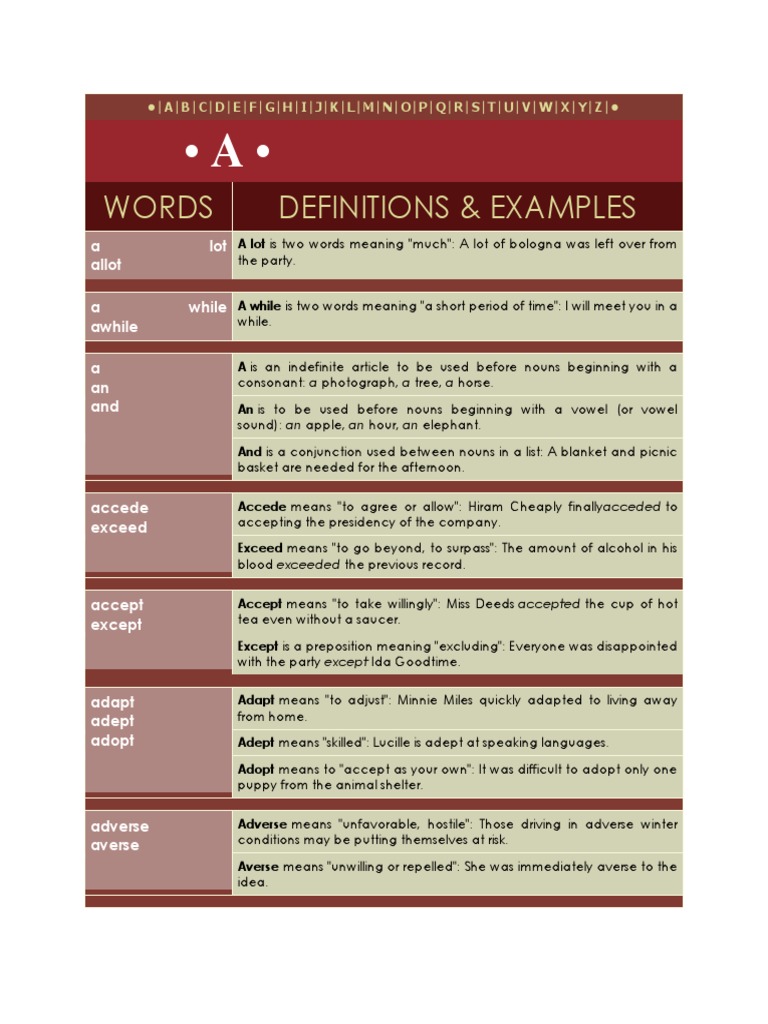 Words Definitions & Examples: A Lot Allot A While Awhile A An and | PDF ...