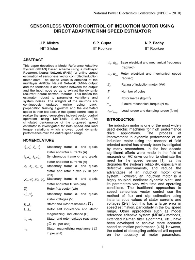 Sensorless Vector Control Of Induction Motor Using Direct Adaptive Rnn Speed Estimator Pdf