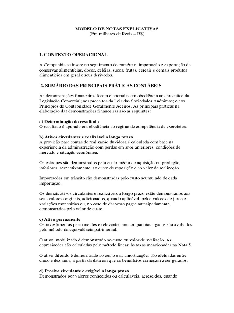 Modelo de Notas Explicativas | PDF | Despesa | Ativo fixo