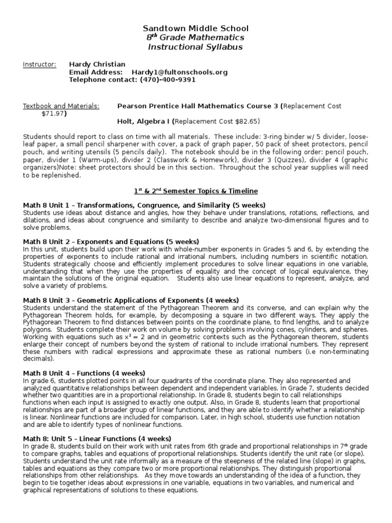 8th Grade Math Syllabus at Sandtown | PDF | Teaching Mathematics | Science