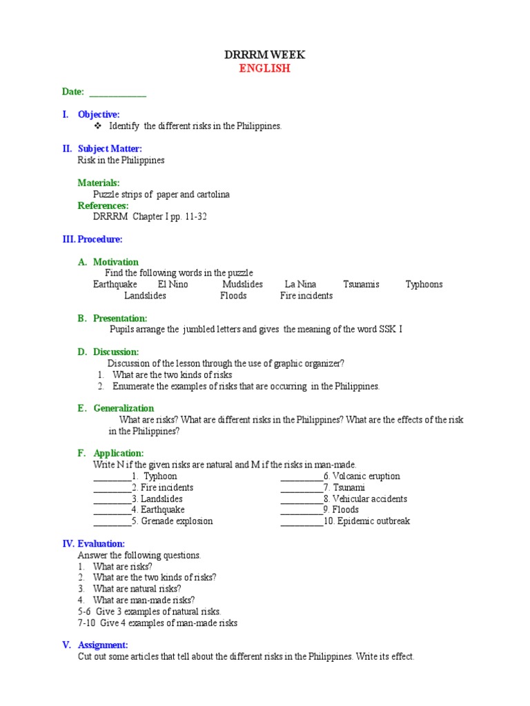 Lesson Plan in Disaster Preparedness | PDF | Disaster Management ...