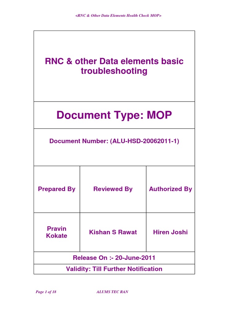 Document Type: MOP: RNC & Other Data Elements Basic Troubleshooting | PDF | Superuser | Network ...