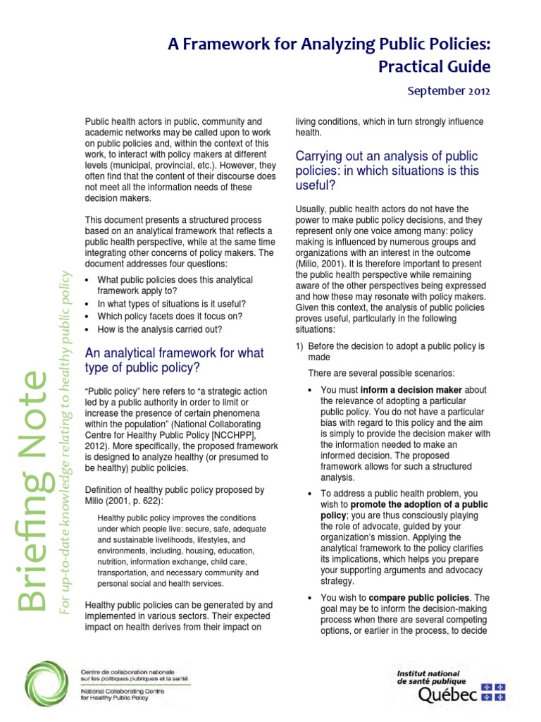 A Framework For Analyzing Public Policies: Practical Guide: September ...