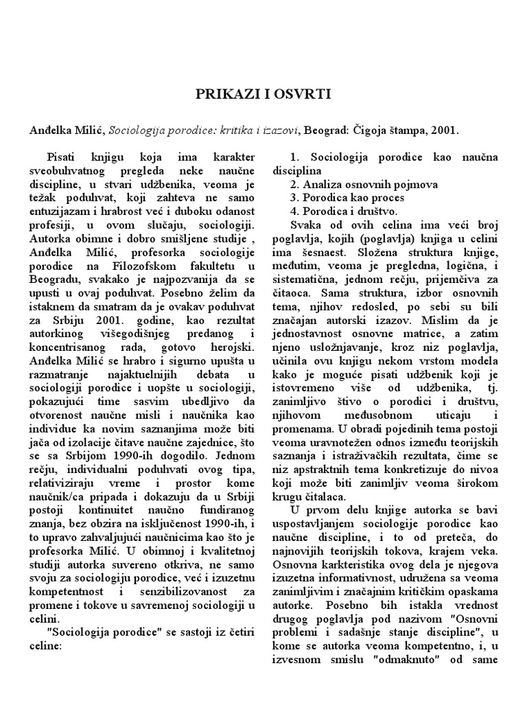 Anđelka Milić, Sociologija Porodice: Kritika I Izazovi | PDF