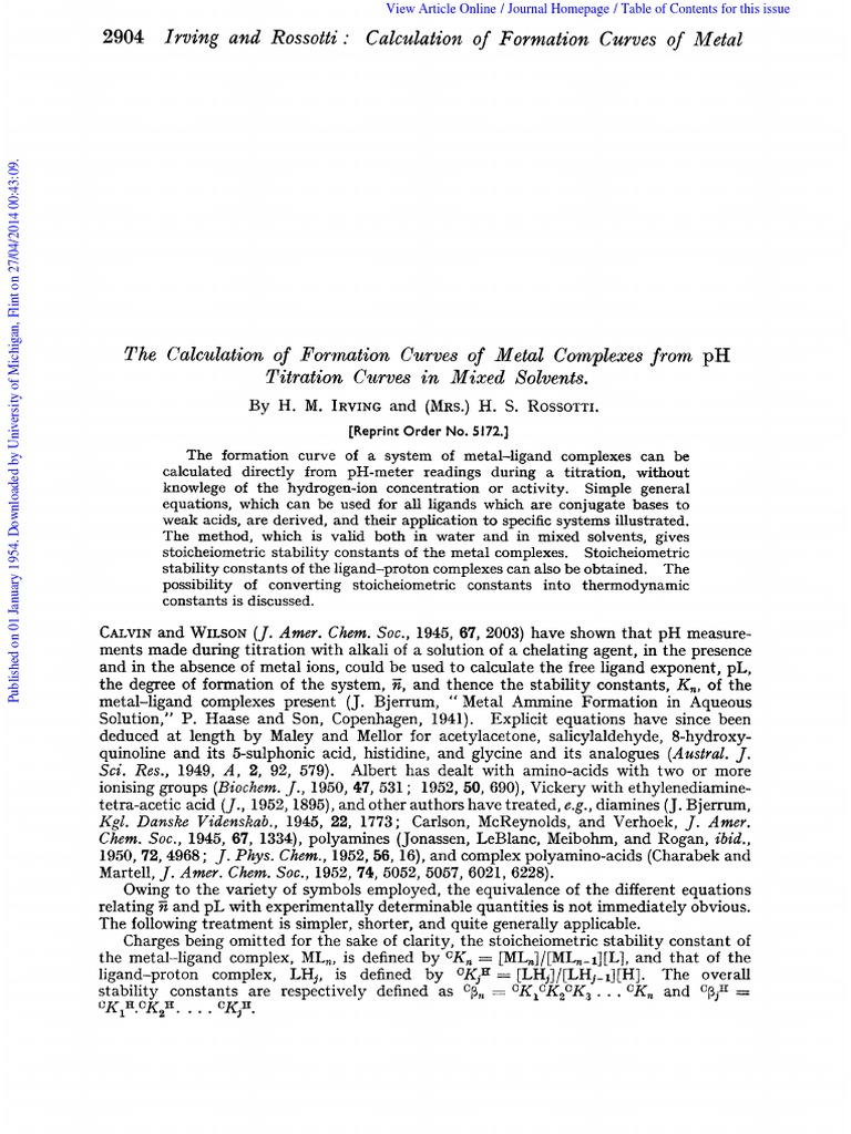 1954 Irving - The Calculation of Formation Curves of Metal Complexes ...