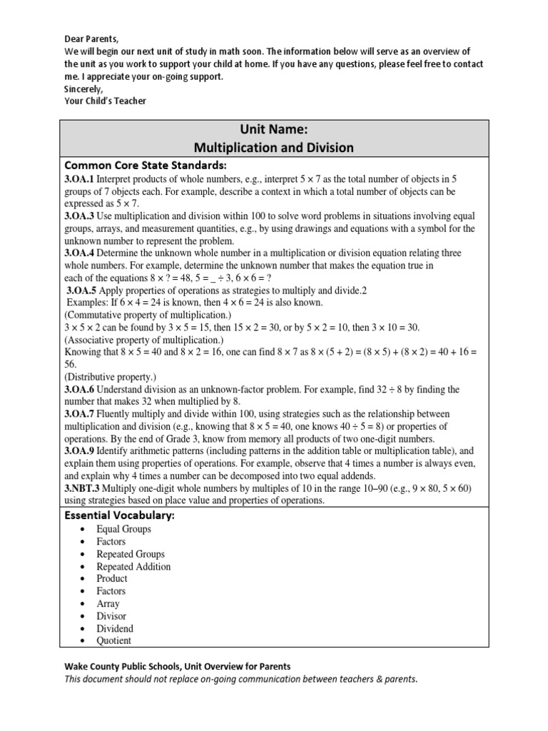 Parent Overview Template-Es 3 Multiplication and Division 1 | PDF ...