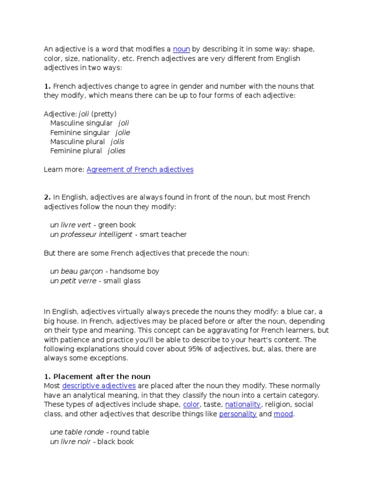 French Adjectives Change To Agree in Gender and Number With The Nouns ...