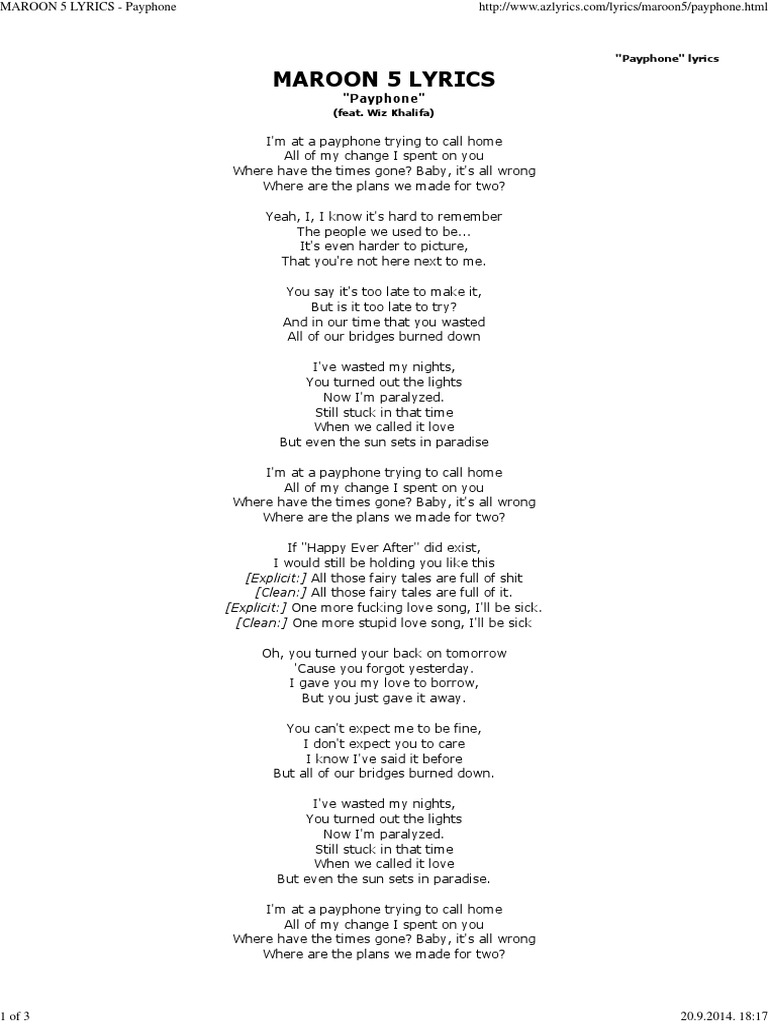 Payphone Maroon 5 Lyrics