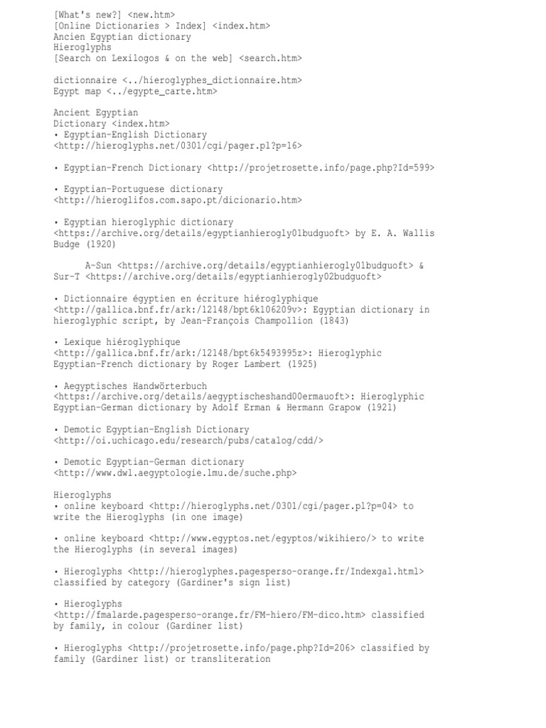 Hieroglyphs Dictionary - Ancient Egyptian LEXILOGOS | PDF | Egyptian ...