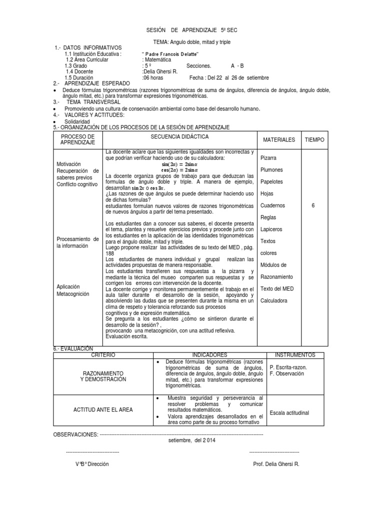 SESIÓN DE APRENDIZAJE 5º SEC. Angulo doble, mitad y triple.docx | Trigonometría | Maestros