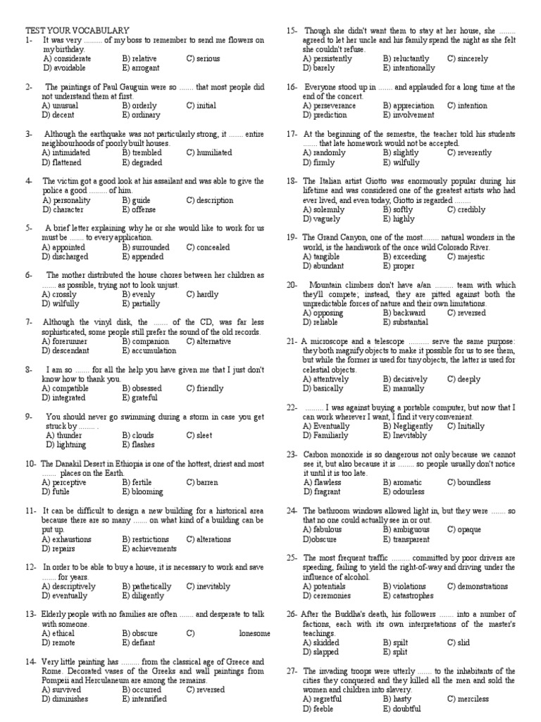 Vocabulary Test Questions and Answers | PDF