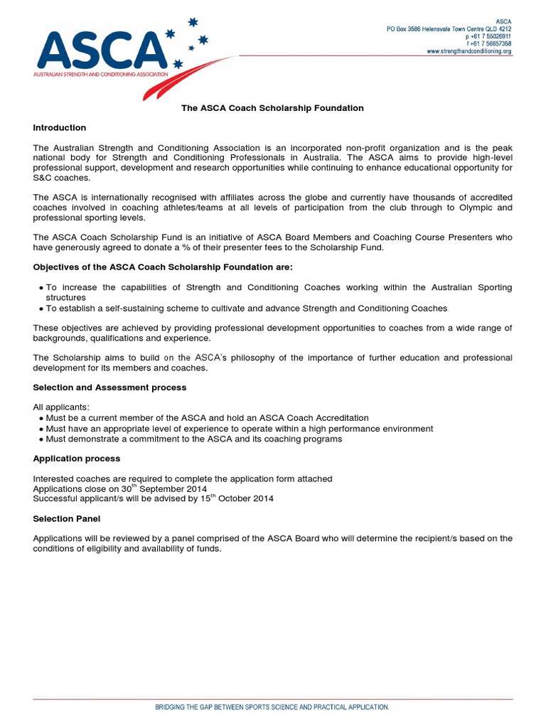 2014 ASCA Coach Scholarship Foundation Information & Application | PDF ...