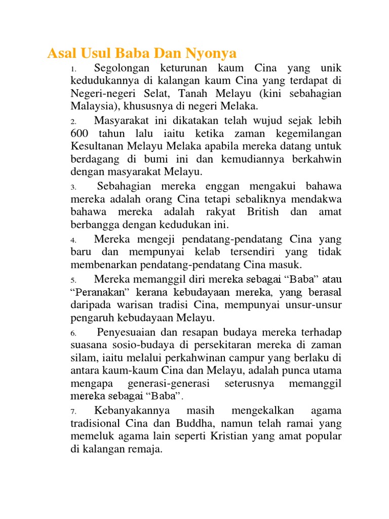 Asal Usul Baba Dan Nyonya | PDF