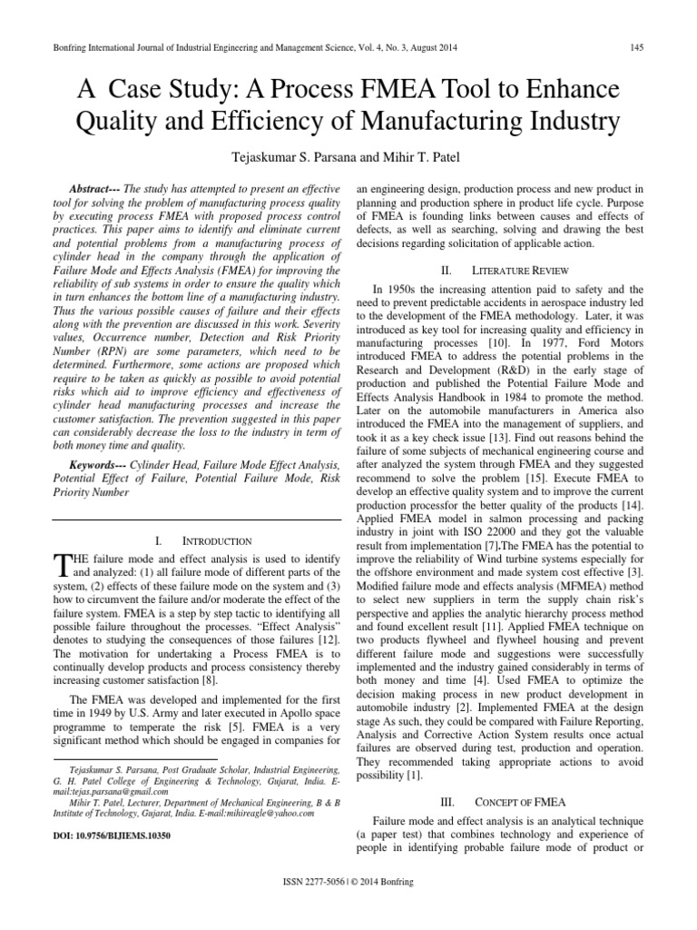 A Case Study: A Process FMEA Tool To Enhance Quality and Efficiency of ...