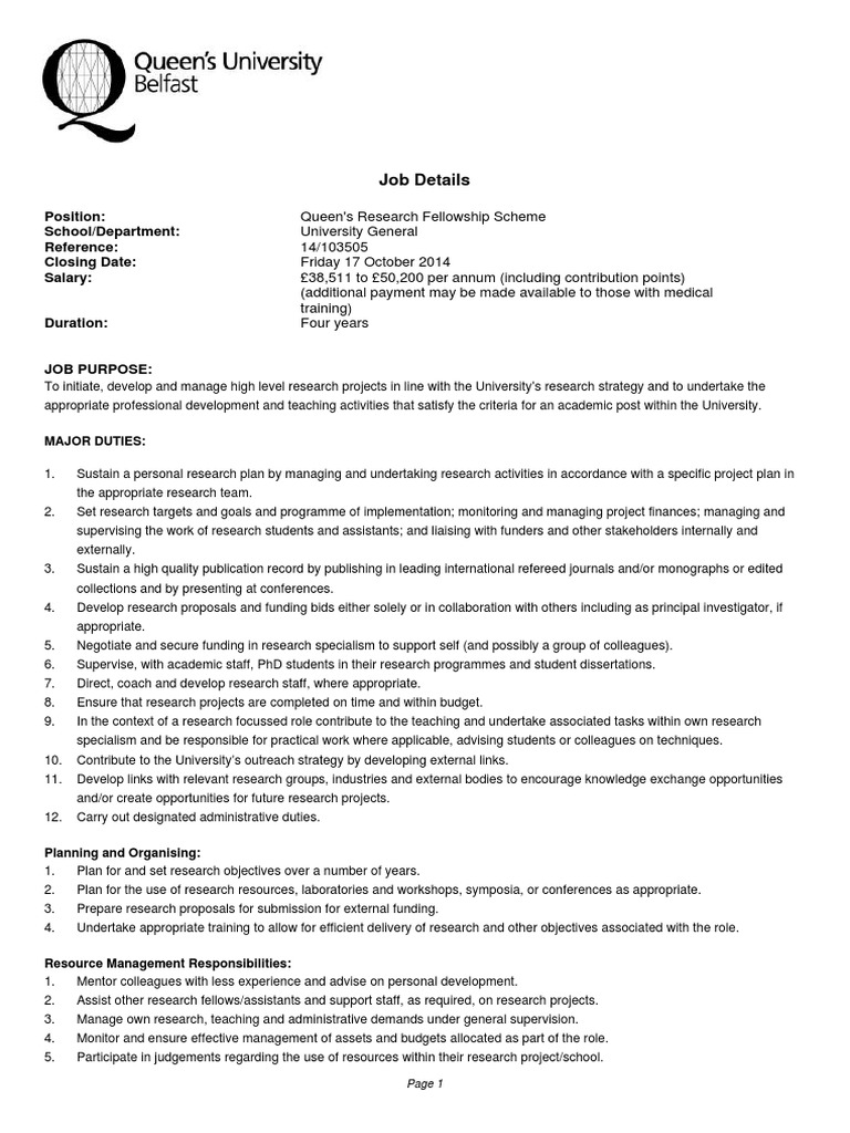 Queen's Research Fellowship Job Opening | PDF | Leadership | Doctor Of ...