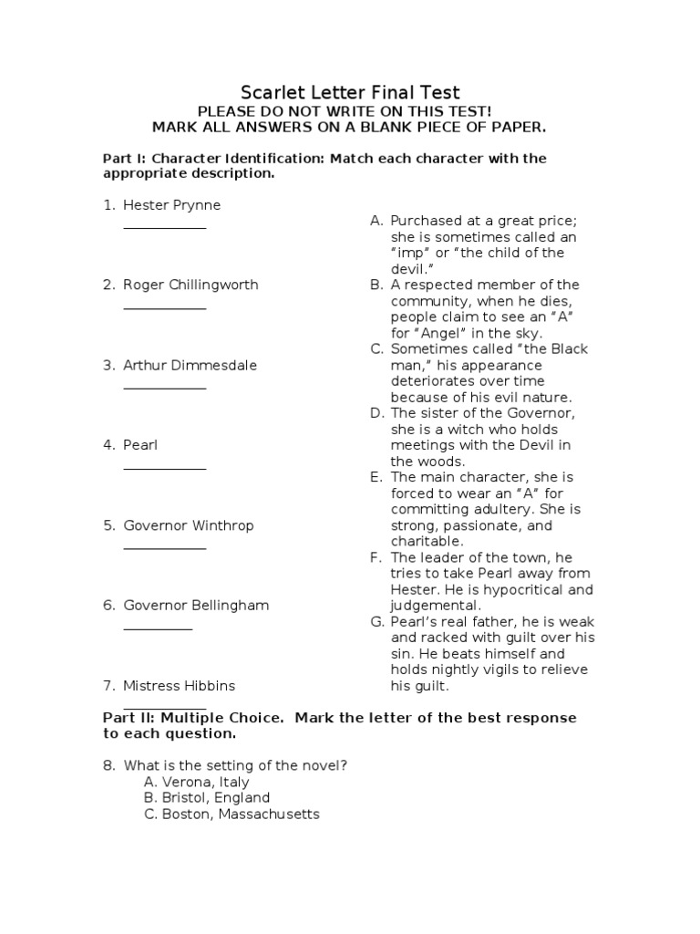 Scarlet Letter Final Test | PDF | The Scarlet Letter
