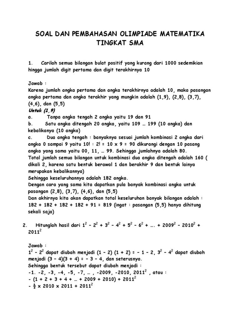 Soal Dan Pembahasan Olimpiade Matematika Tingkat Sma | PDF
