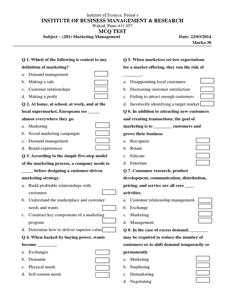 Marketing Management MCQ question paper.docx | Marketing | Customer ...