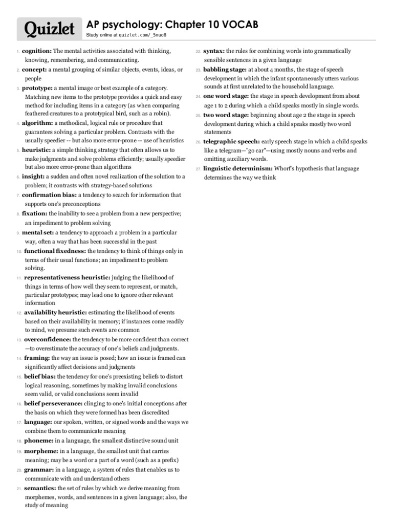 AP Psychology Chapter 10 VOCAB | PDF | Heuristic | Word
