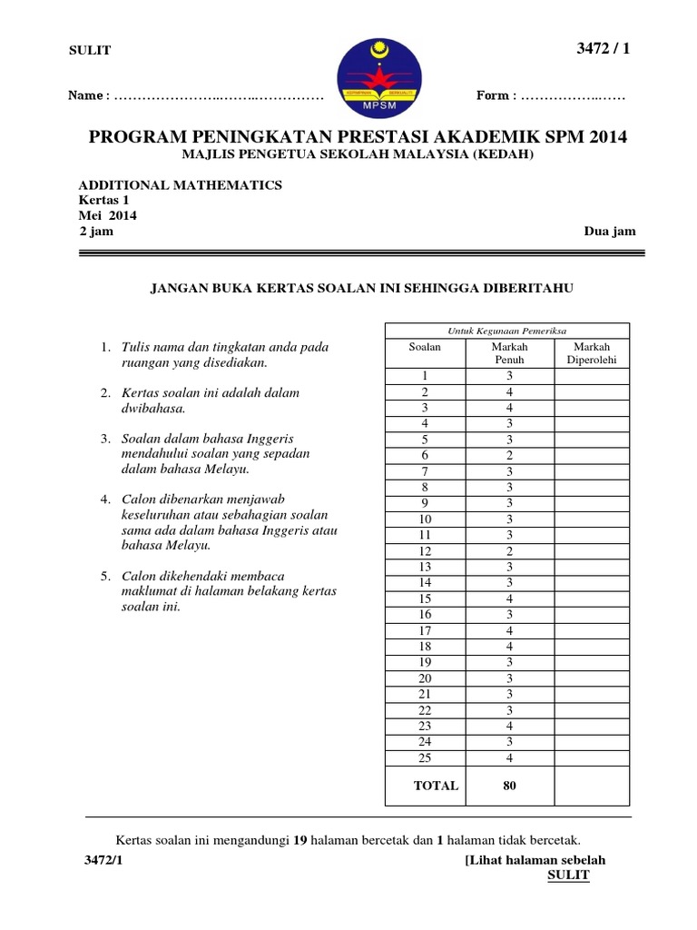 Add Maths Paper 1 Kedah MPSM 2 | PDF