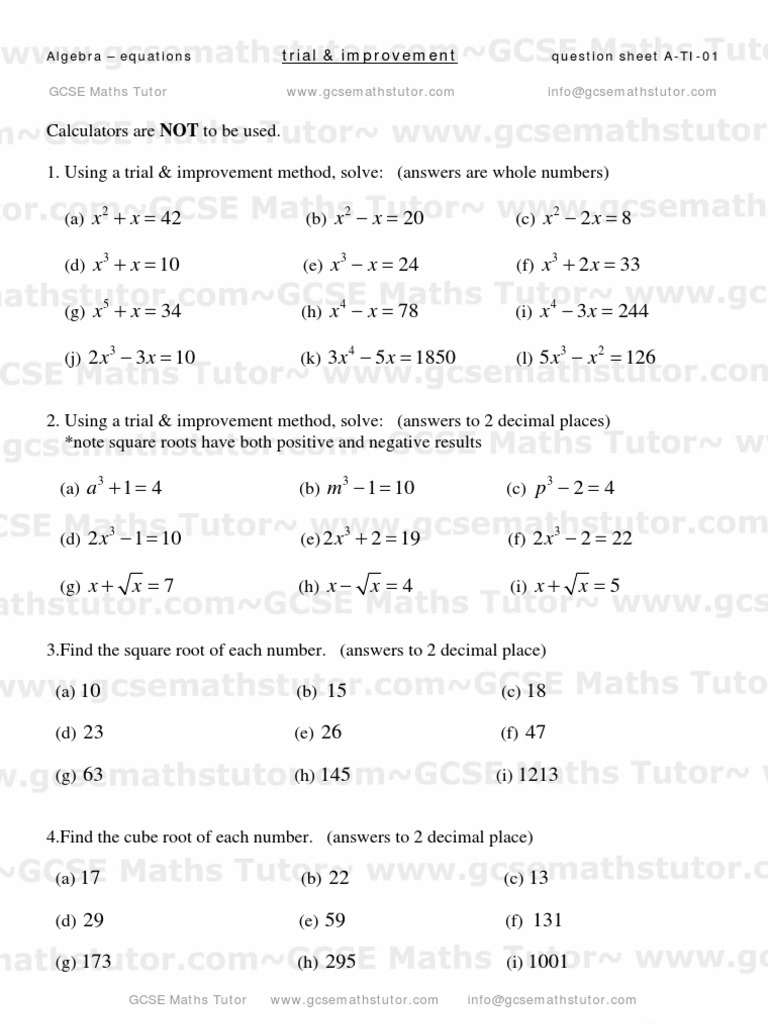 Trial & Improvement Worksheet #01, Algebra revision from GCSE Maths ...
