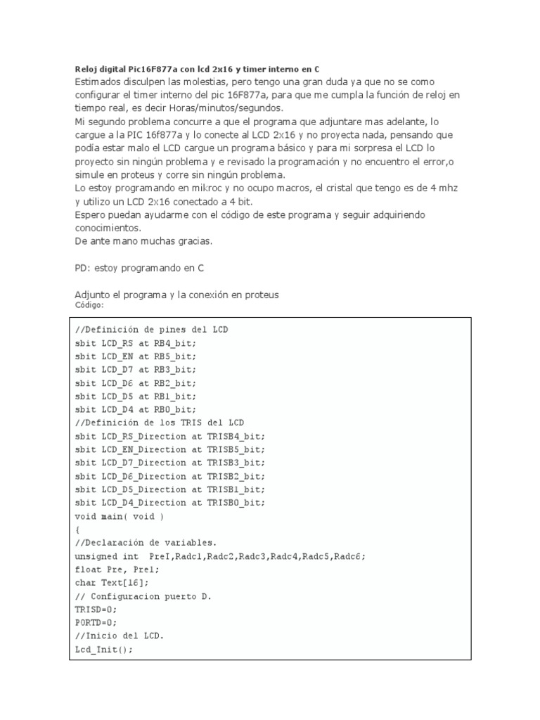 Reloj Digital Pic16F877a Con LCD 2x16 y Timer Interno en C | PDF