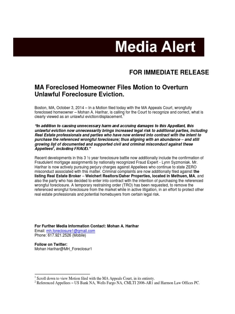 MA Homeowner Challenges Unlawful Eviction | PDF | Foreclosure | Appeal