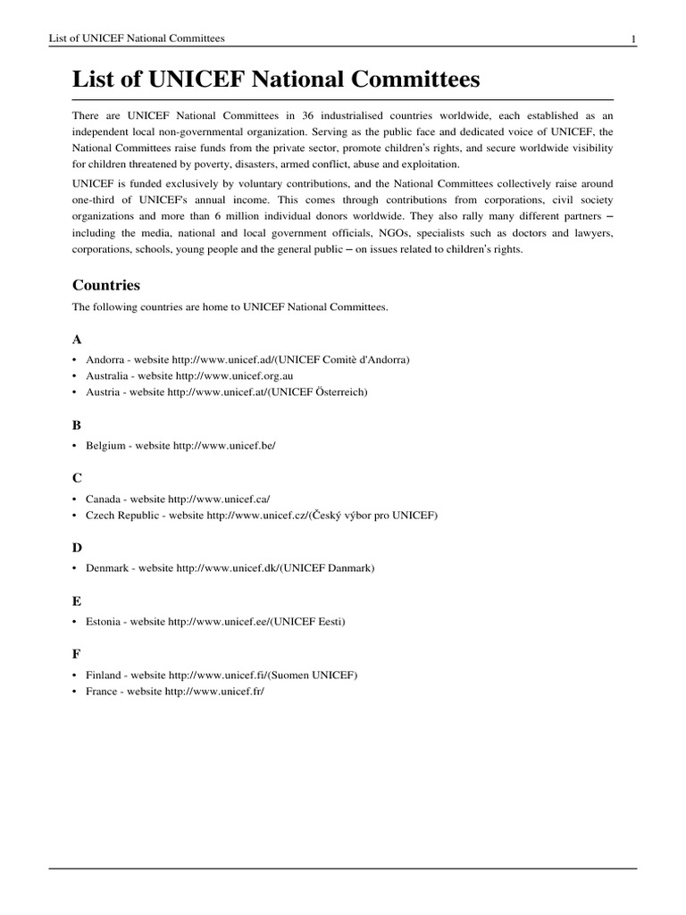 List of UNICEF National Committees PDF | PDF | Non Governmental ...