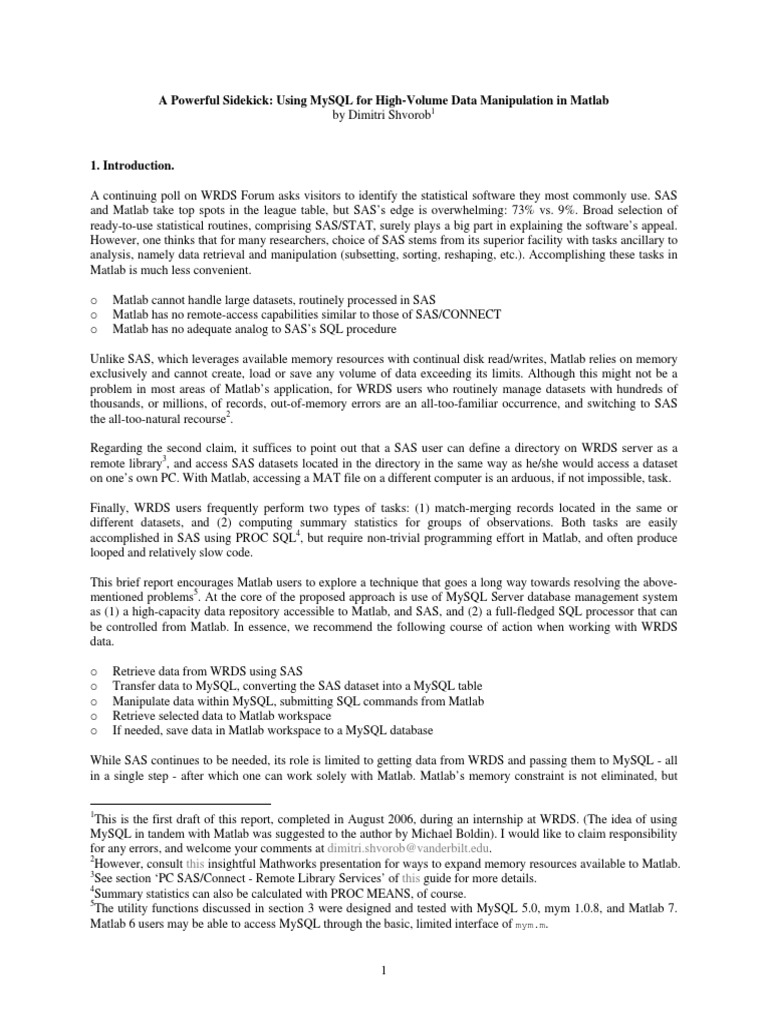 Using MySQL for High-Volume Data in Matlab | PDF | Matlab | Sas (Software)