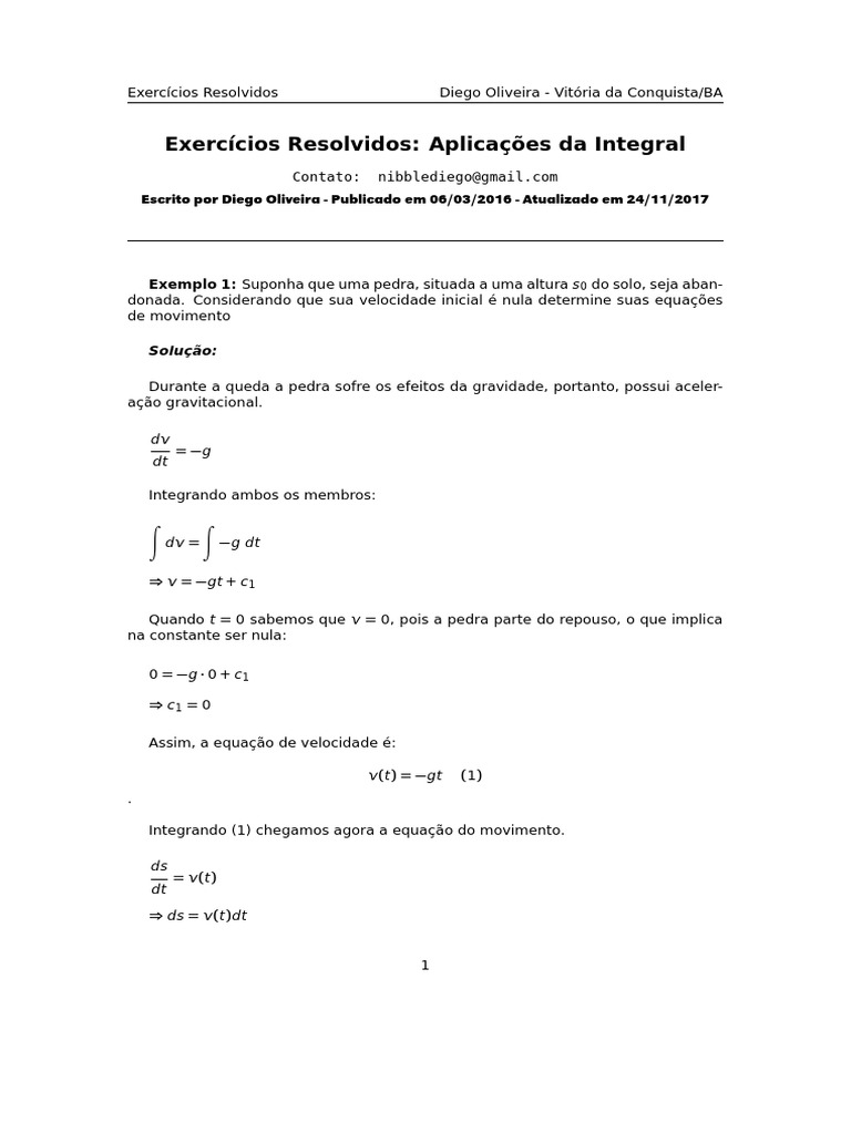 Aplicações Da Integral - Exercícios Resolvidos | PDF | Integrante ...