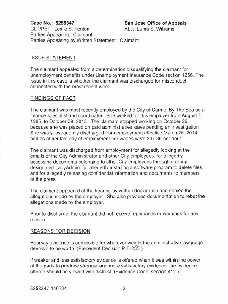 CUIAB Leslie Fenton Case No. 5258347 | PDF | Administrative Law Judge ...