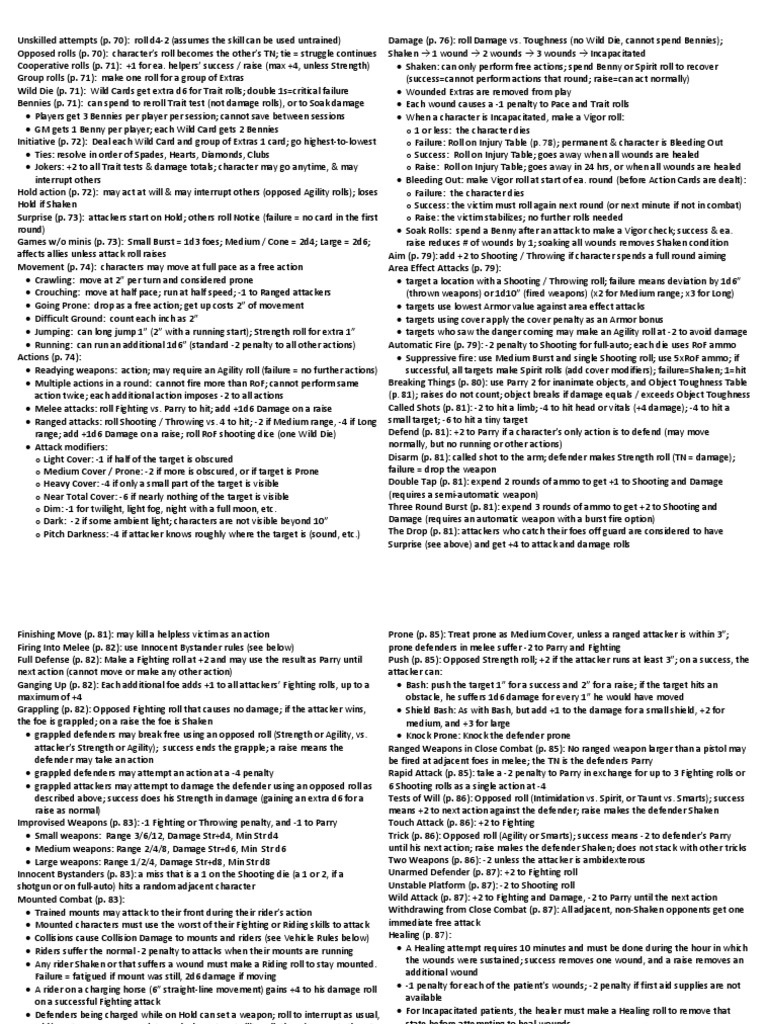 Savage Worlds Quick Player Reference | PDF | Wound | Weaponry