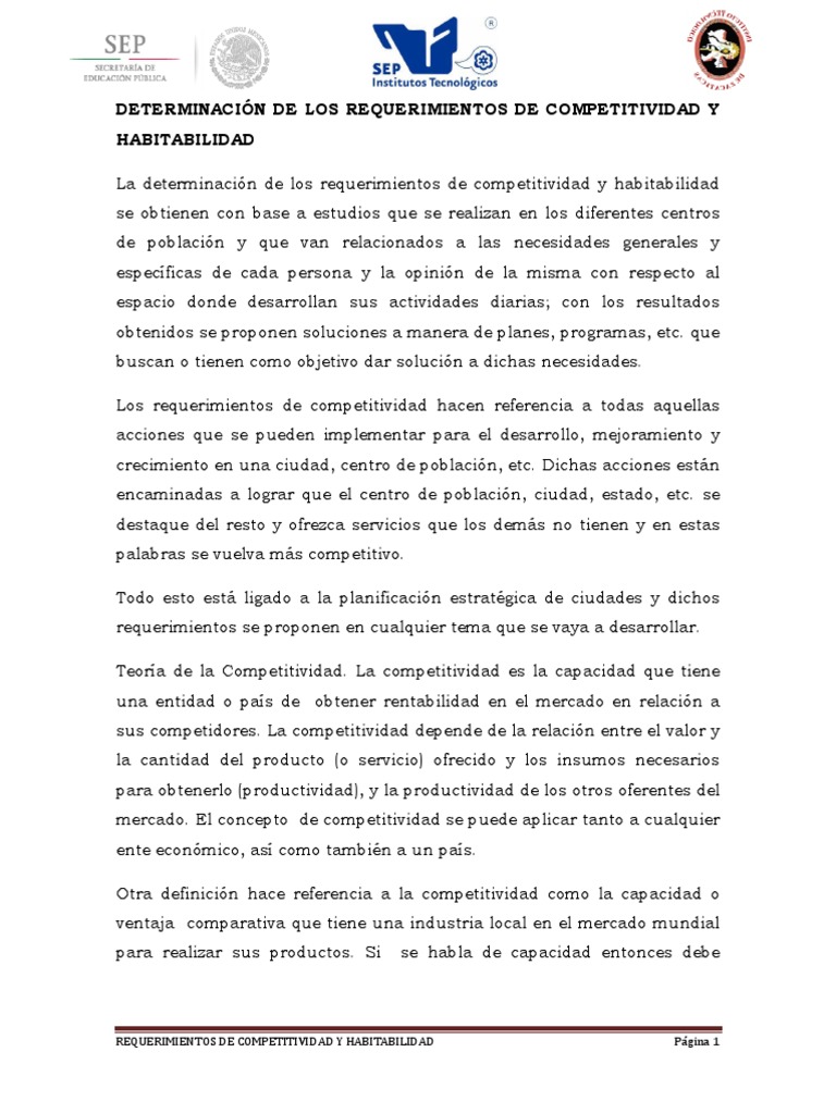 Determinación de Los Requerimientos de Competitividad y Habitabilidad | PDF | Competitividad ...