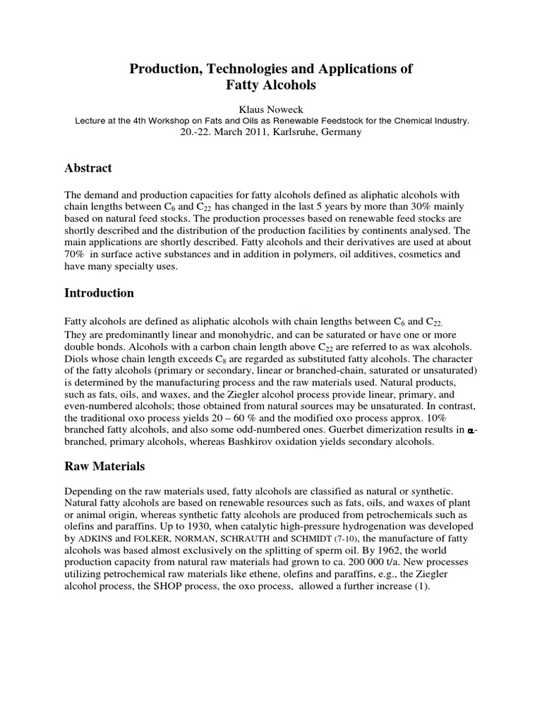 Fatty Alcohol Production Process | PDF | Ester | Alcohol