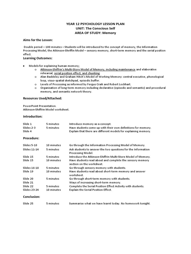 2 1 3 Year 12 Psychology Lesson Plans and Powerpoint | PDF | Memory ...