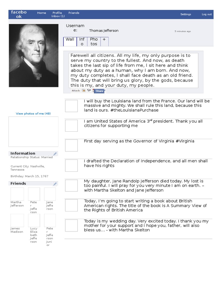 Thomas Jefferson Facebook Profile Wall | PDF