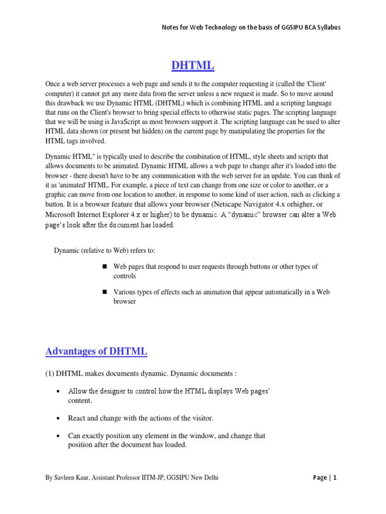 DHTML Notes | PDF | Dynamic Html | Document Object Model DHTML Notes | PDF | Dynamic Html | Document Object Model